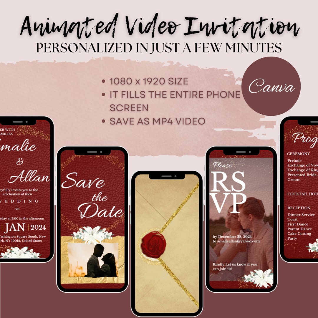 Animated Wedding Invitation Template Editable in Canva Red Wedding ...