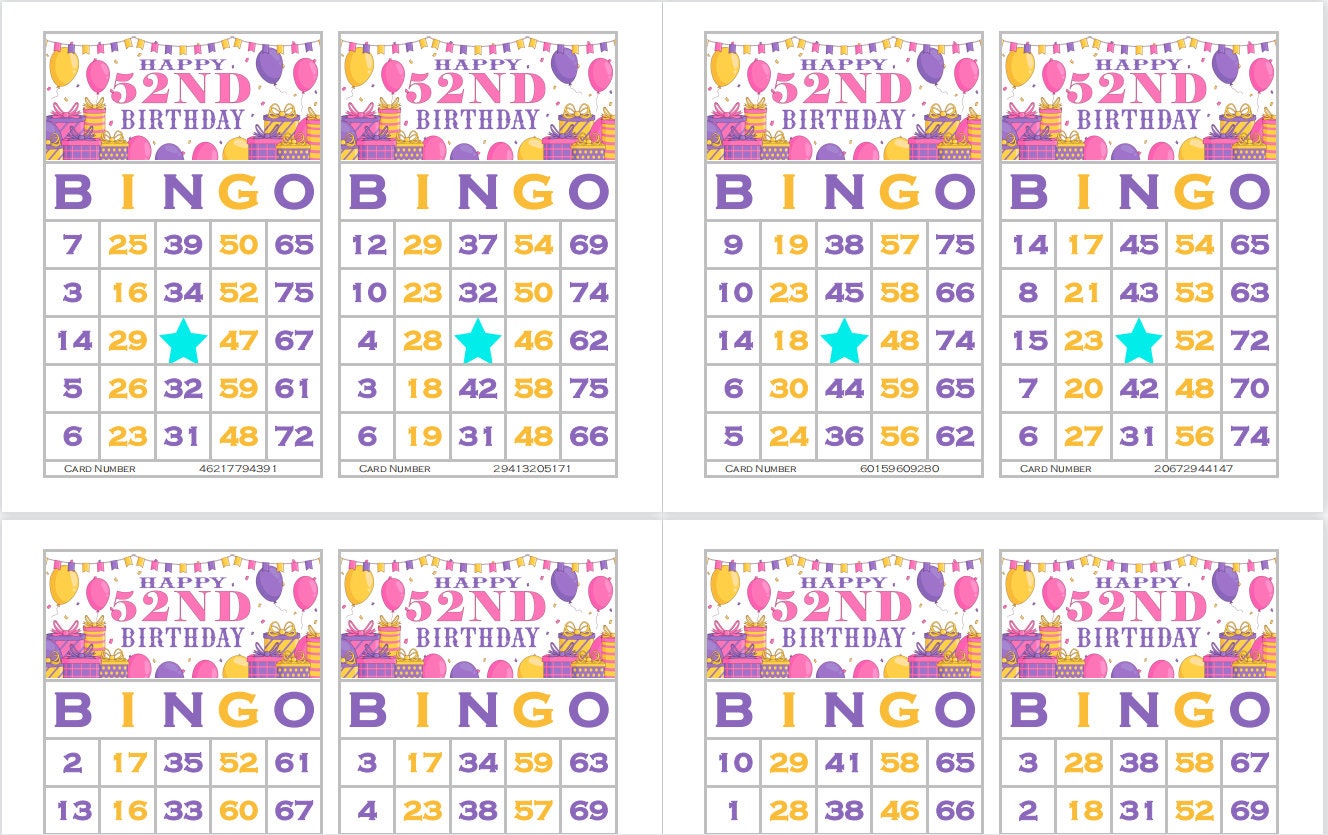 1200 Printable Bingo Cards, 2 per Page, Large, 52nd Birthday Special ...