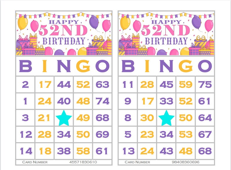 1200 Printable Bingo Cards, 2 per Page, Large, 52nd Birthday Special ...