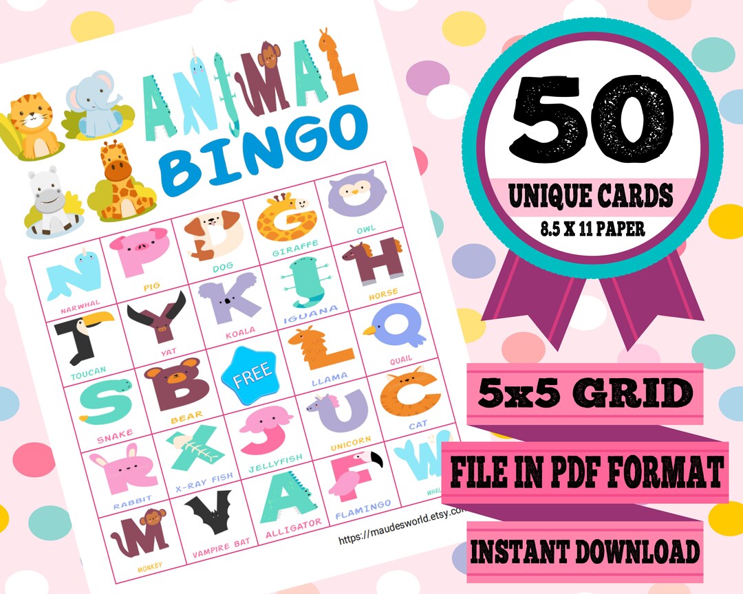 Animal Alphabet Printable Bingo Cards 50 Different Cards Instant ...