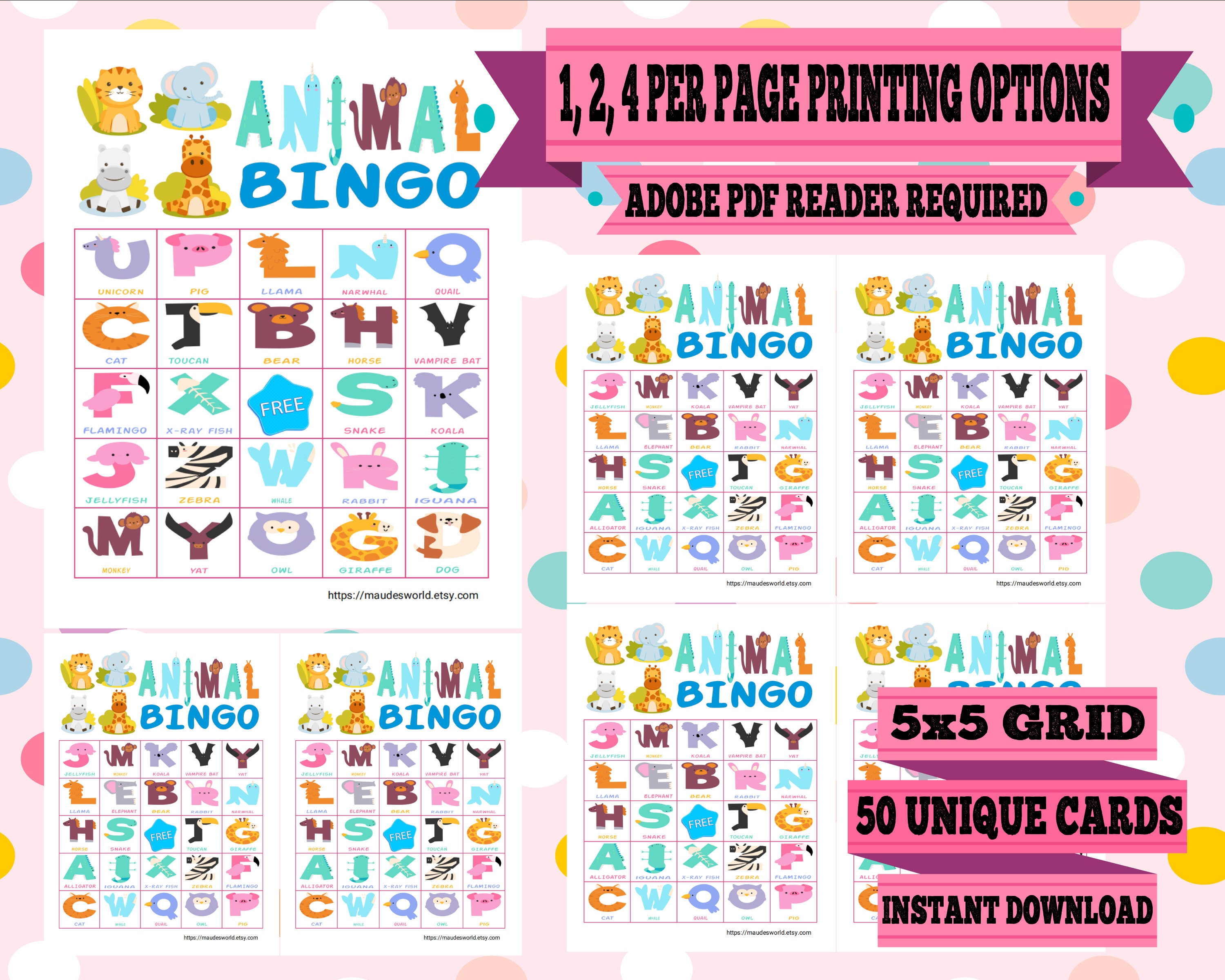 Animal Alphabet Printable Bingo Cards (50 Different Cards) - Instant ...