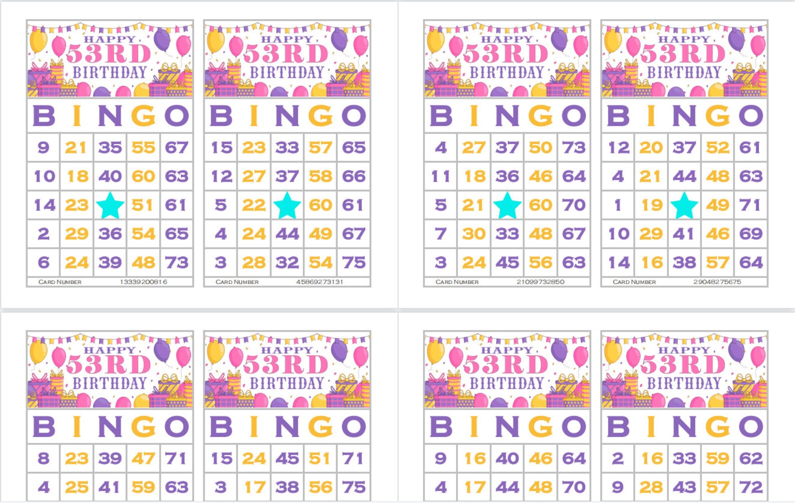 1200 Printable Bingo Cards 2 per Page Large 53rd Birthday - Etsy