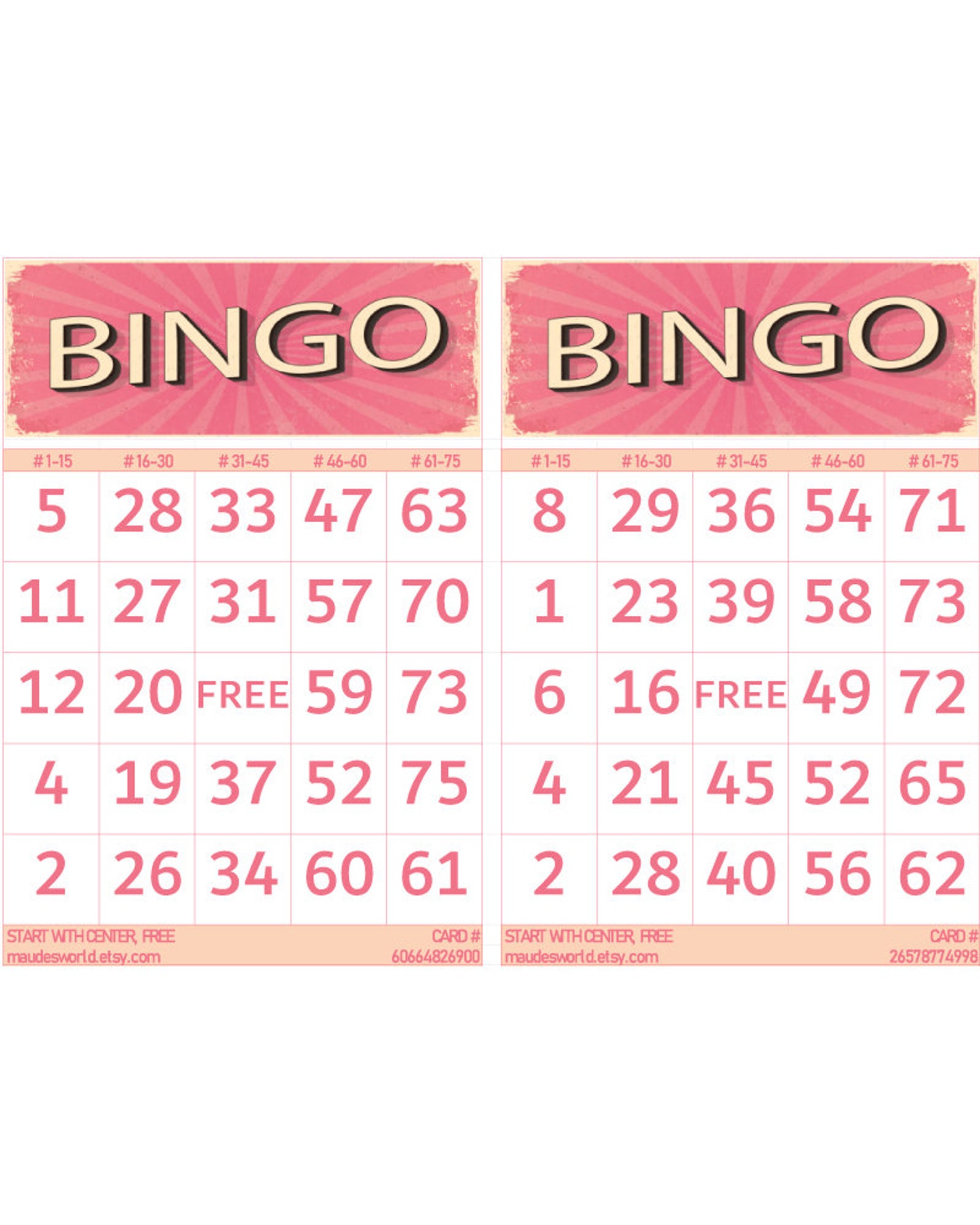 Retro Style Pink Bingo Card 1200 Unique Cards No Repeats Printable PDF ...