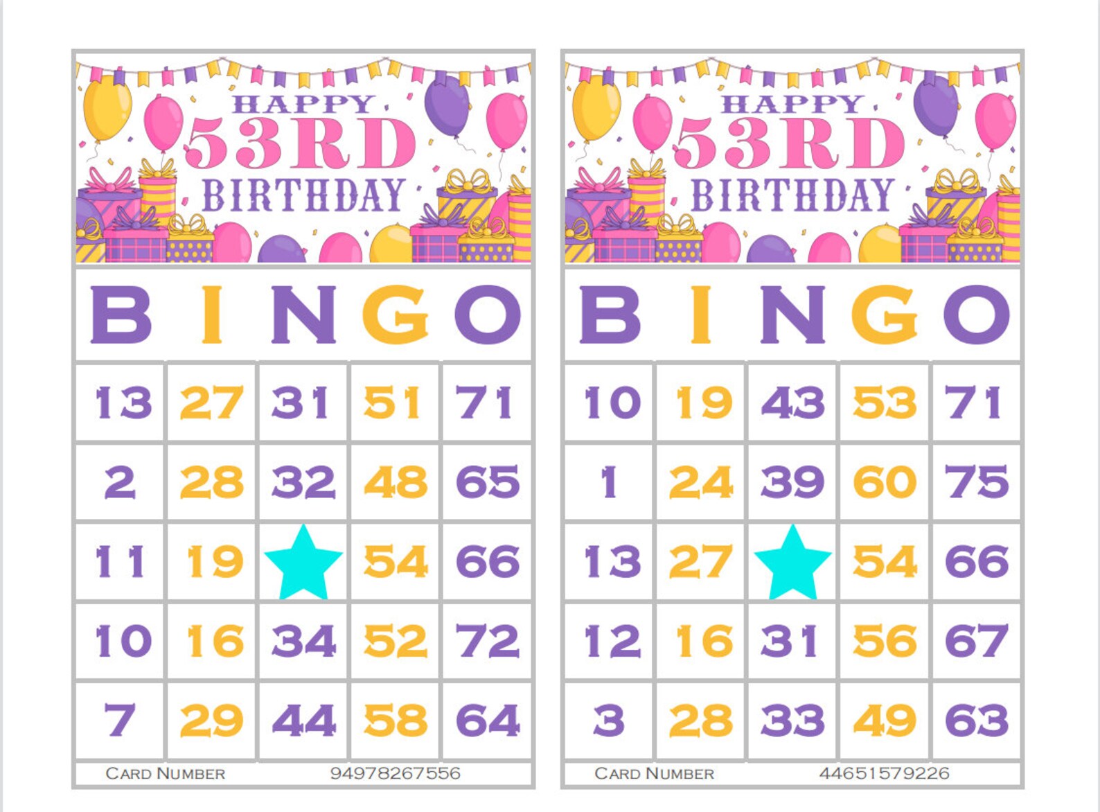 1200 Printable Bingo Cards, 2 per Page, Large, 53rd Birthday Special ...