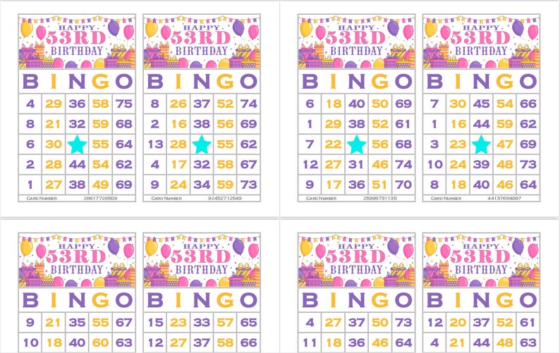 1200 Printable Bingo Cards, 2 per Page, Large, 53rd Birthday Special ...