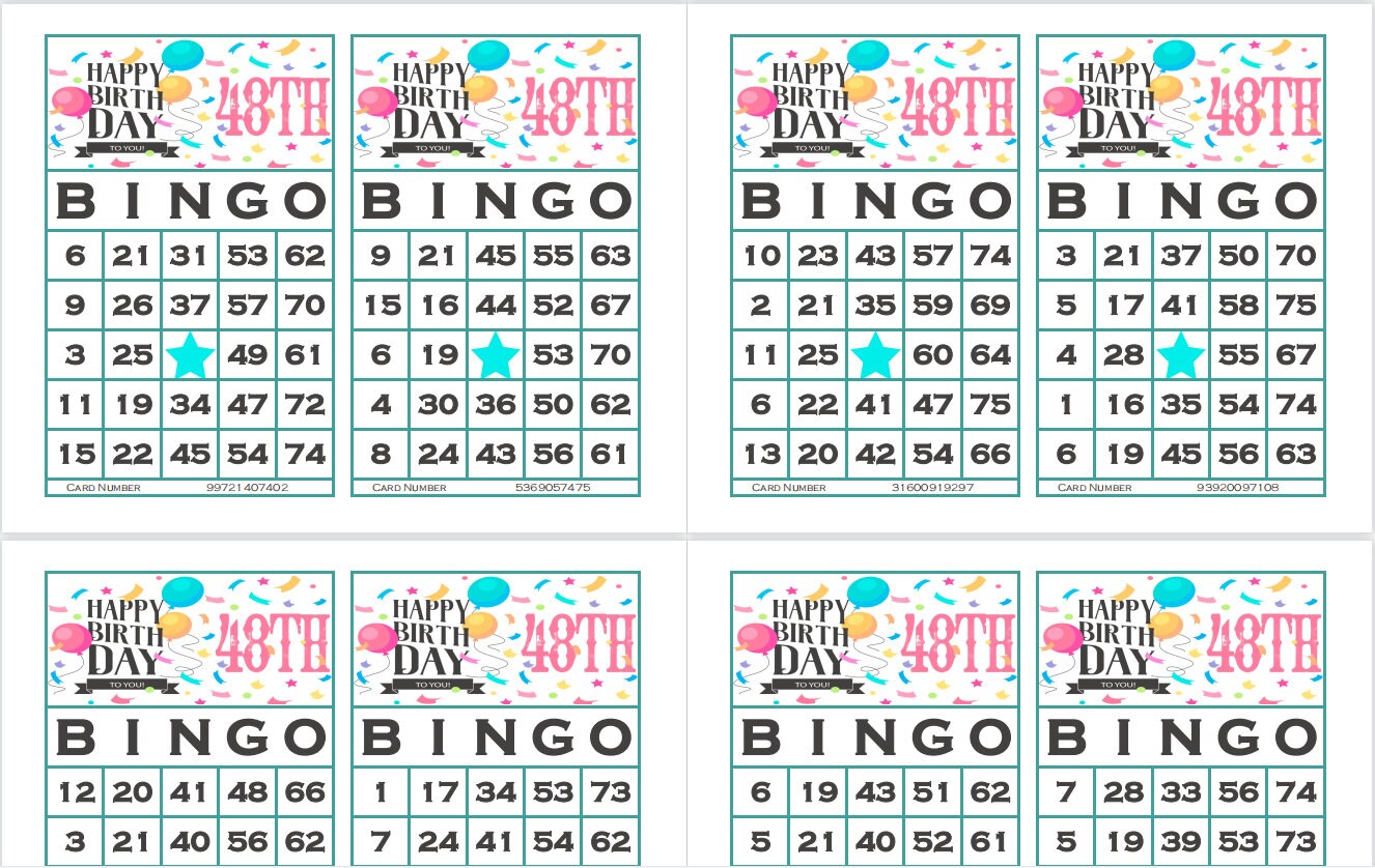 1200 Printable Bingo Cards, 2 per Page, Large, 48th Birthday Special ...