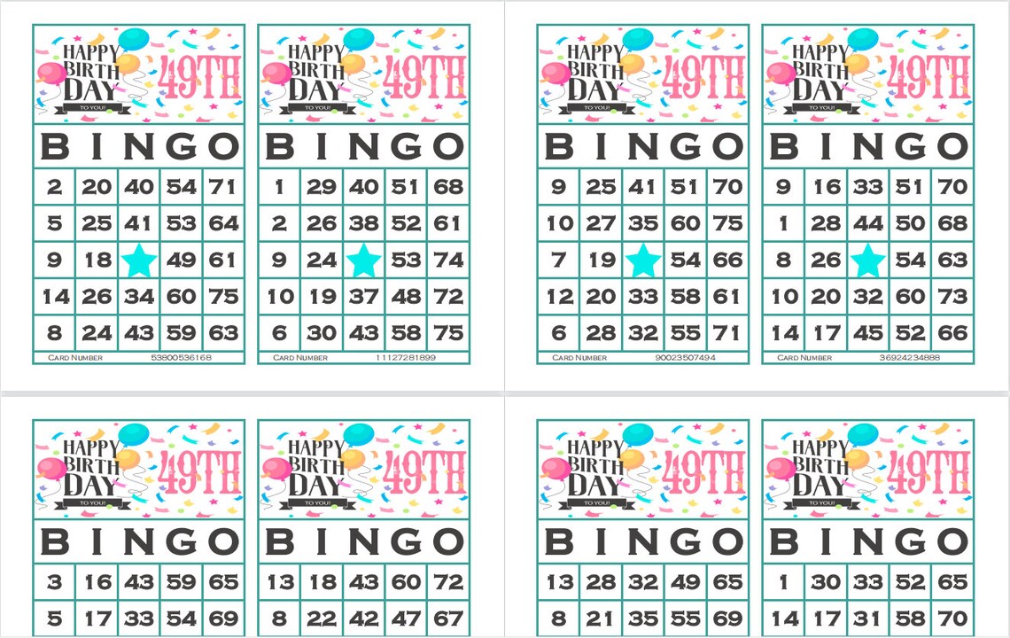 1200 Printable Bingo Cards, 2 per Page, Large, 49th Birthday Special ...