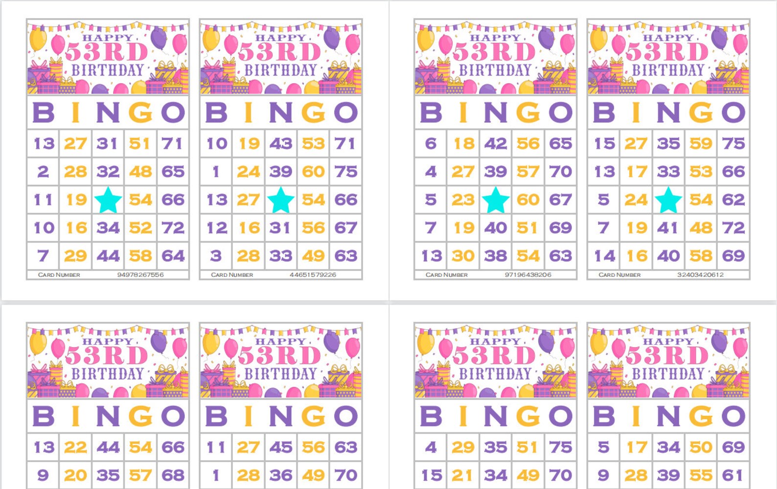 1200 Printable Bingo Cards, 2 per Page, Large, 53rd Birthday Special ...