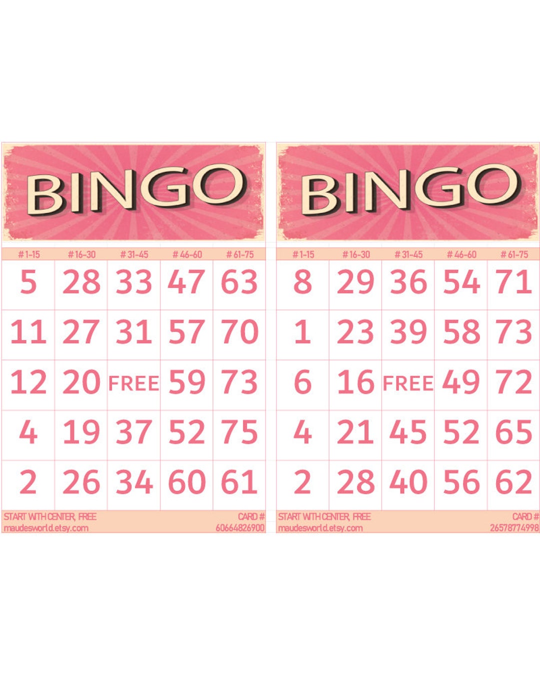 Retro Style Pink Bingo Card 1200 Unique Cards No Repeats Printable PDF ...