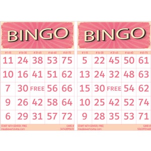 Retro Style Pink Bingo Card 1200 Unique Cards No Repeats Printable PDF ...