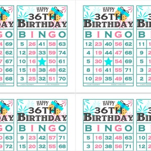 1200 Printable Bingo Cards, 2 per Page, Large, 36th Birthday Special ...