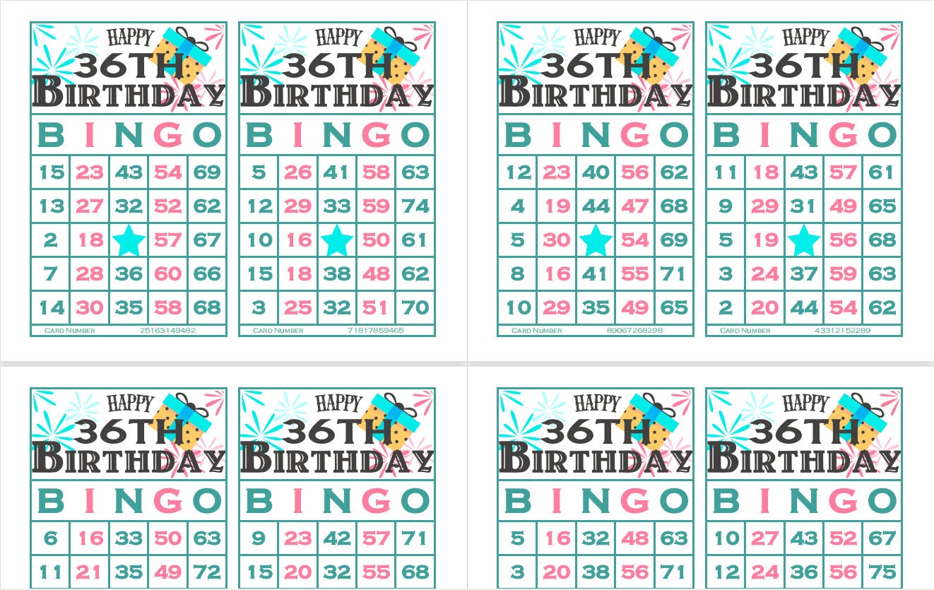 1200 Printable Bingo Cards, 2 per Page, Large, 36th Birthday Special ...