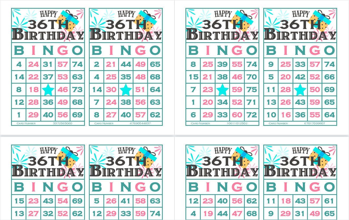 1200 Printable Bingo Cards, 2 per Page, Large, 36th Birthday Special ...