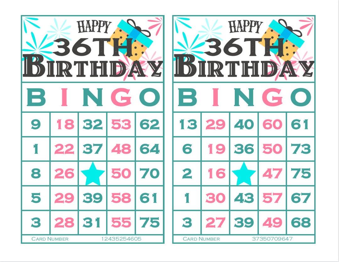 1200 Printable Bingo Cards, 2 per Page, Large, 36th Birthday Special ...