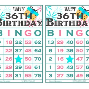 1200 Printable Bingo Cards, 2 per Page, Large, 36th Birthday Special ...