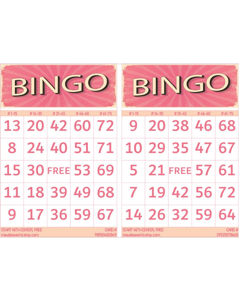 Retro Style Pink Bingo Card 1200 Unique Cards No Repeats Printable PDF ...