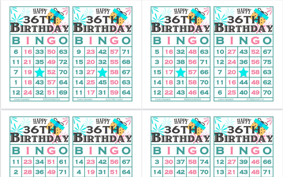 1200 Printable Bingo Cards 2 per Page Large 36th Birthday - Etsy