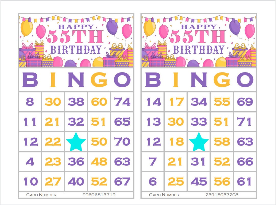 1200 Printable Bingo Cards, 2 per Page, Large, 55th Birthday Special ...