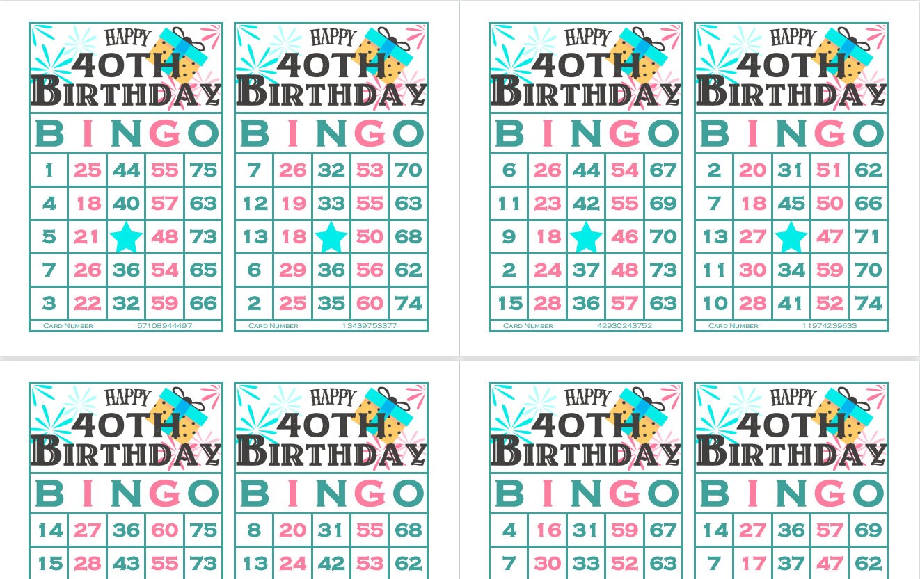 1200 Printable Bingo Cards, 2 per Page, Large, 40th Birthday Special ...