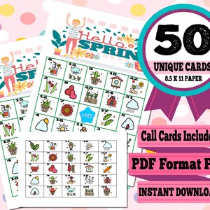 Hello Spring, Springtime Printable Bingo Cards (50 Different Cards ...