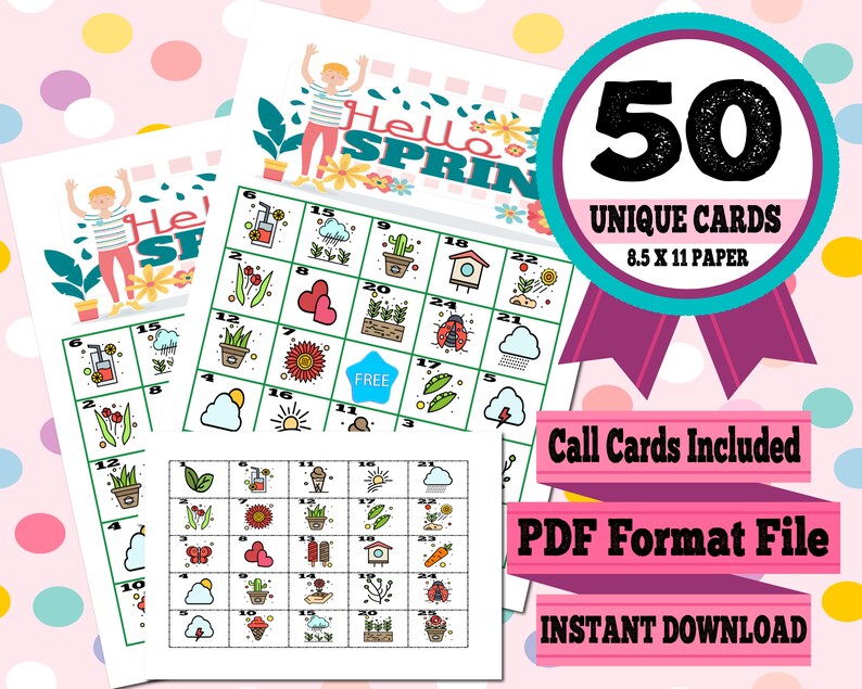Hello Spring, Springtime Printable Bingo Cards (50 Different Cards ...