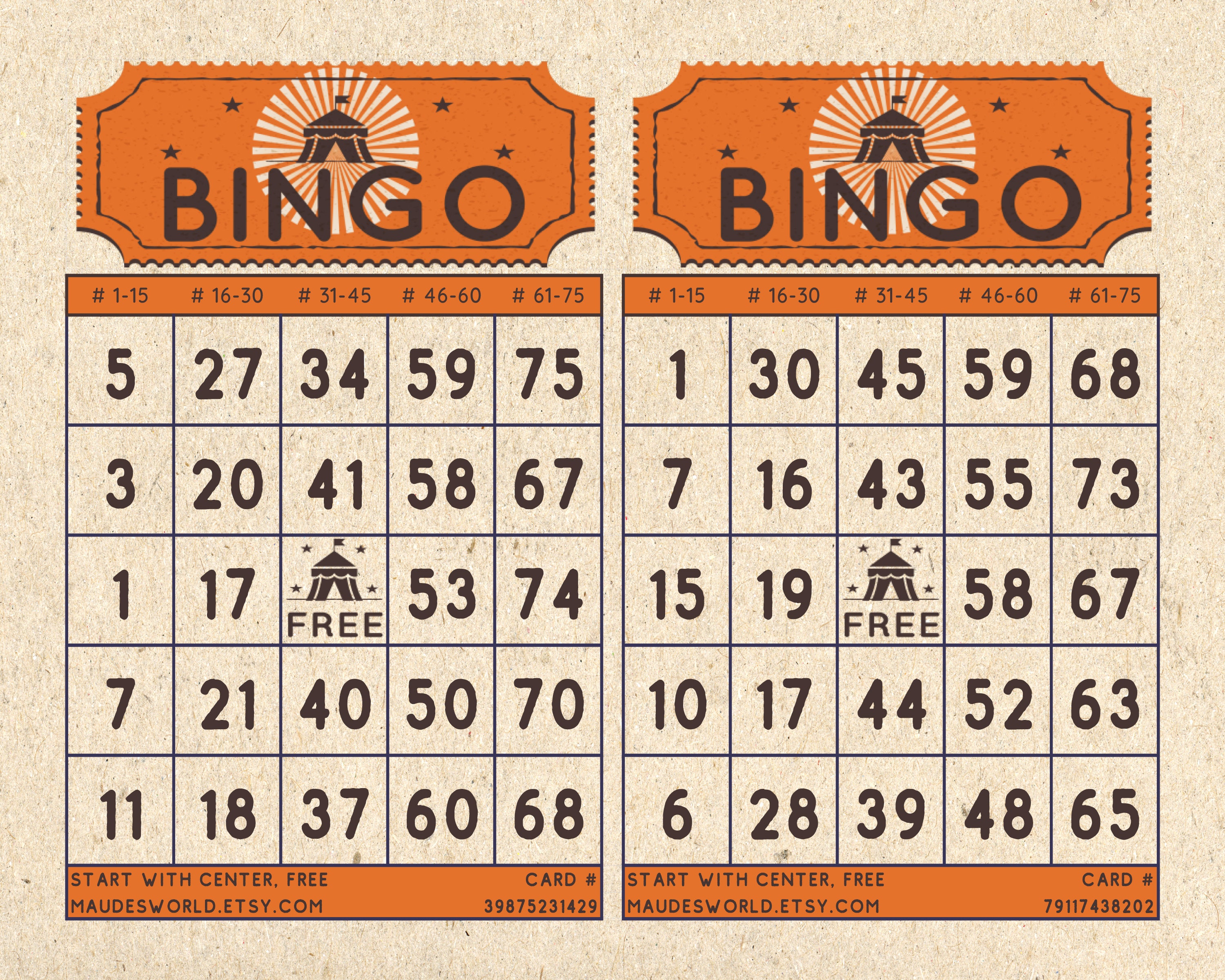 1200 Bingo Cards Orange Color Vintage Theme PDF Instant Printable Fun ...