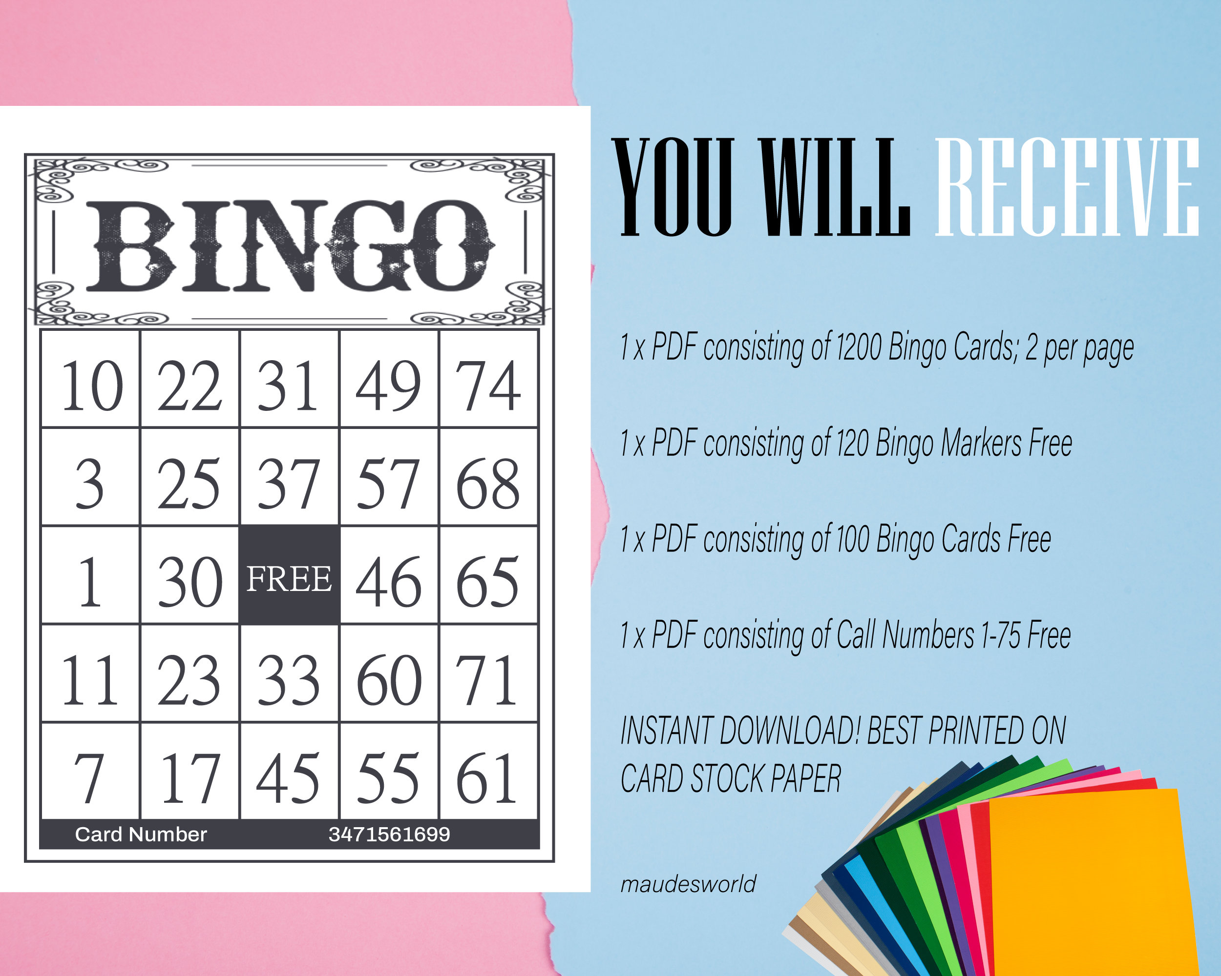 75 Balls Classic Bingo Card Printable Instant Download 1200 Cards per ...