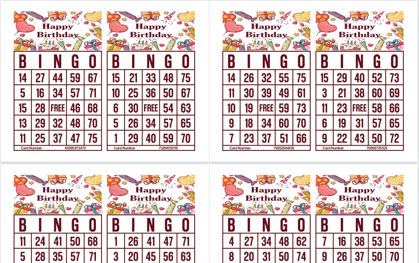 1200 Printable Bingo Cards, 2 per Page, Large, Birthday Bingo Game ...