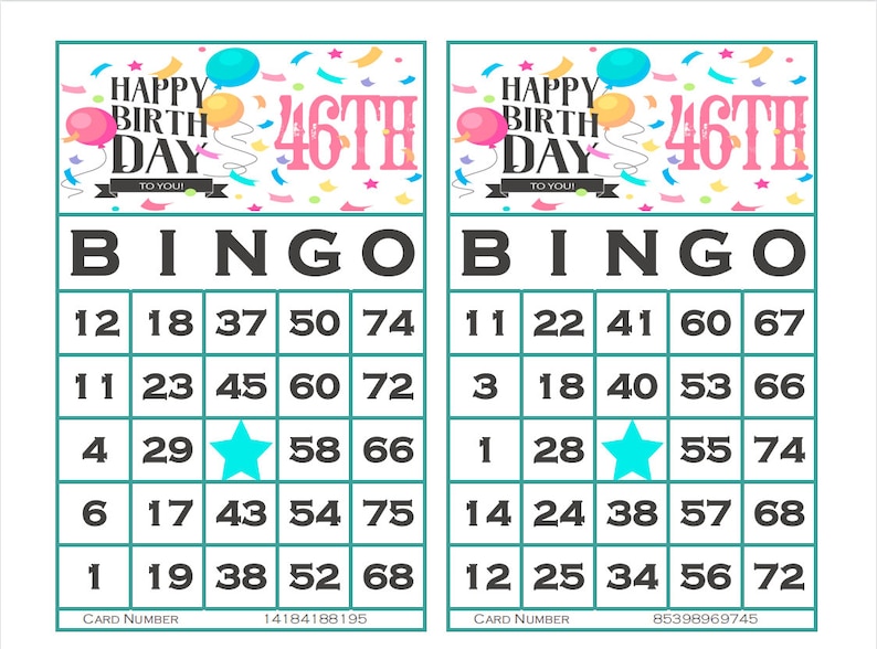 1200 Printable Bingo Cards, 2 per Page, Large, 46th Birthday Special ...