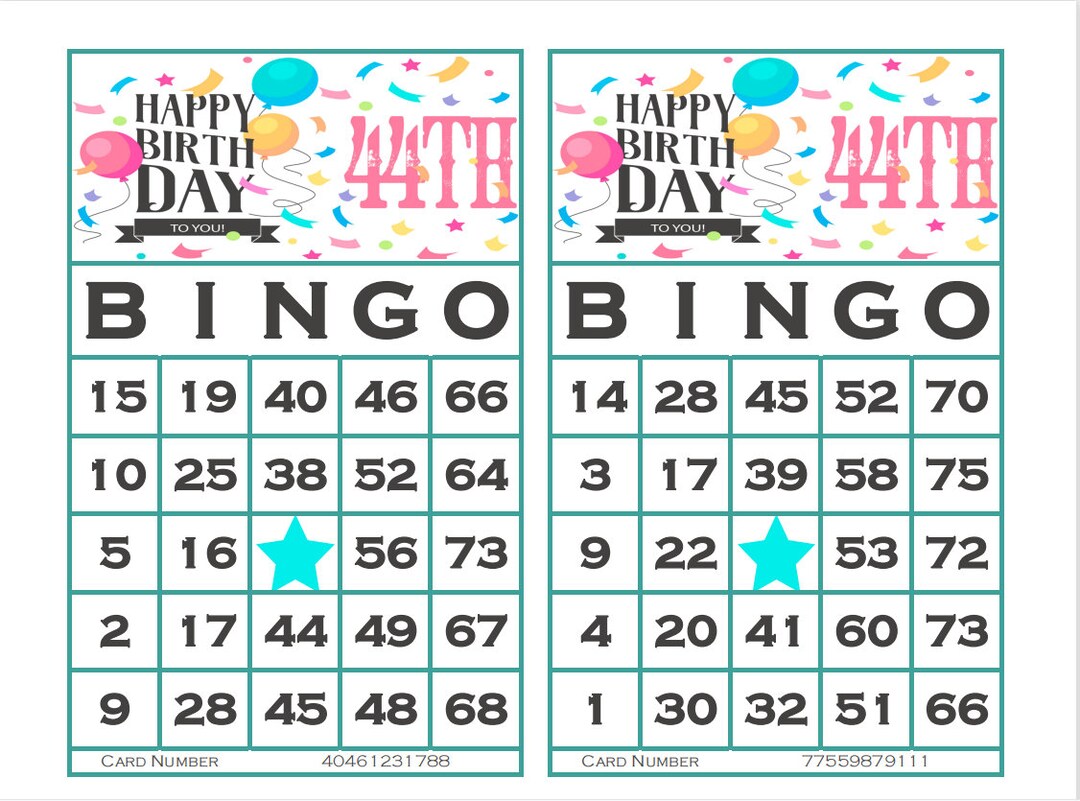 1200 Printable Bingo Cards, 2 per Page, Large, 44th Birthday Special ...