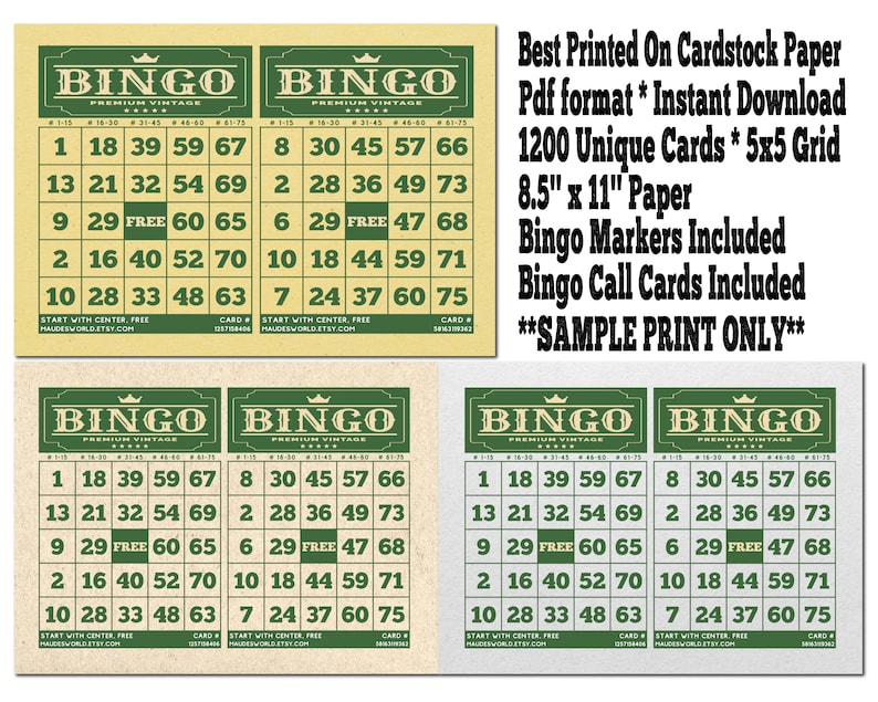 1200 Bingo Cards Green Color Vintage Theme PDF Instant - Etsy