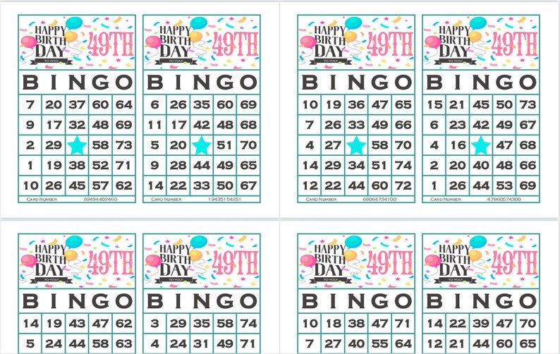 1200 Printable Bingo Cards, 2 per Page, Large, 49th Birthday Special ...