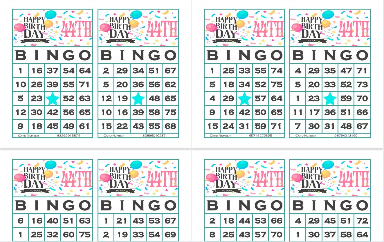 1200 Printable Bingo Cards, 2 per Page, Large, 44th Birthday Special ...