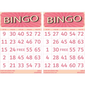 Retro Style Pink Bingo Card 1200 Unique Cards No Repeats Printable PDF ...