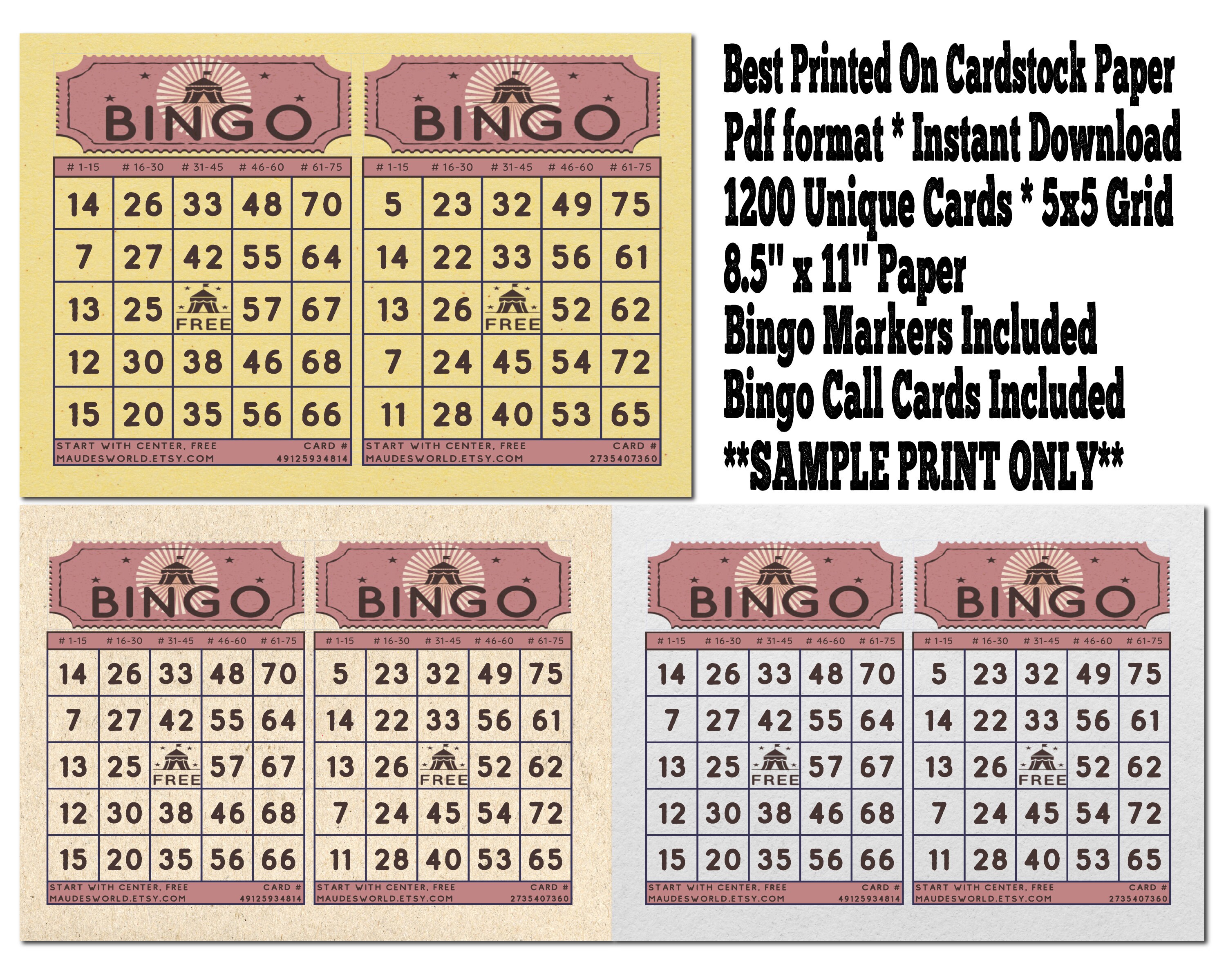 1200 Bingo Cards Rustic Pink Color Vintage Theme PDF Instant Printable ...