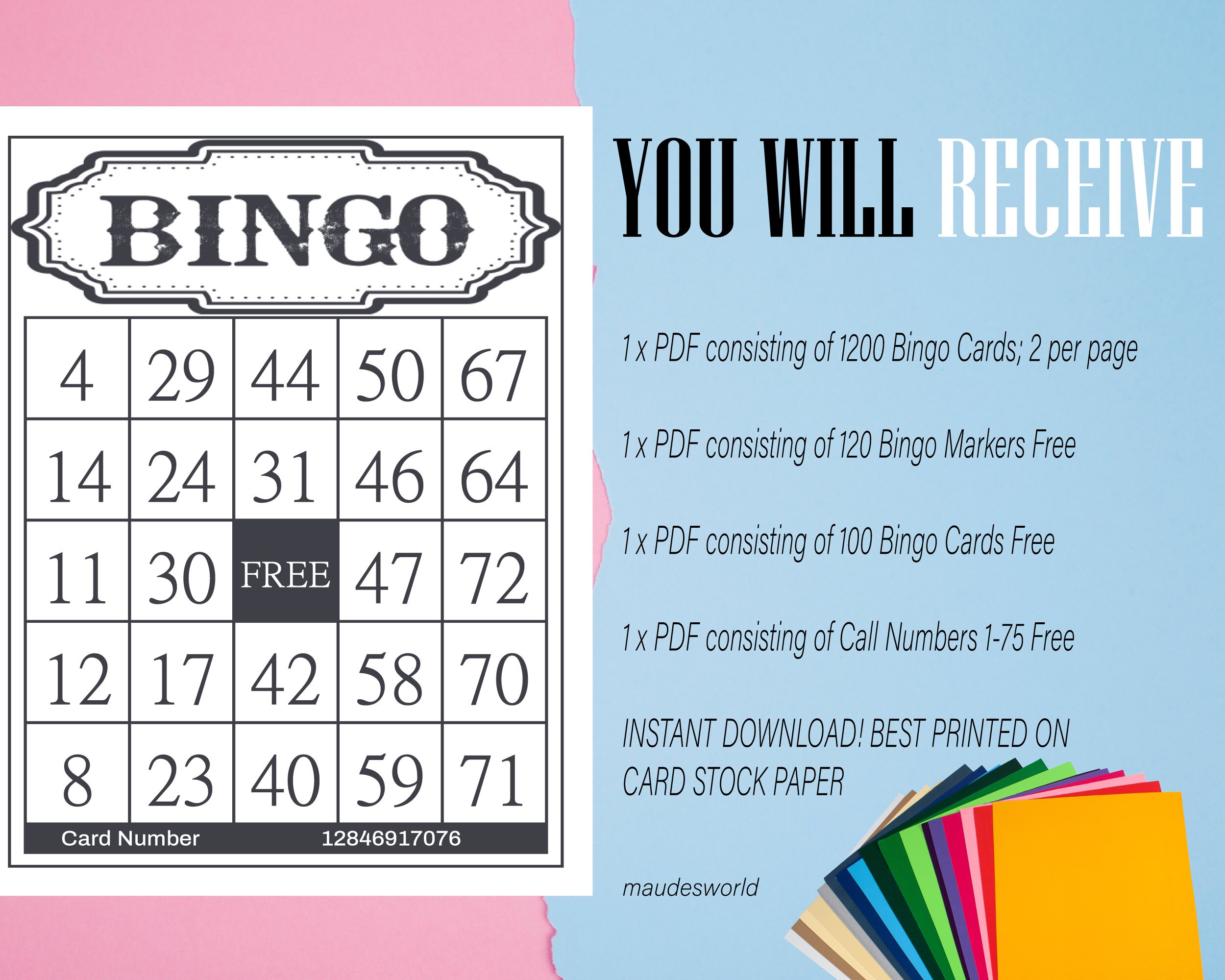 75 Balls Classic Bingo Card Printable Instant Download 1200 Cards per ...