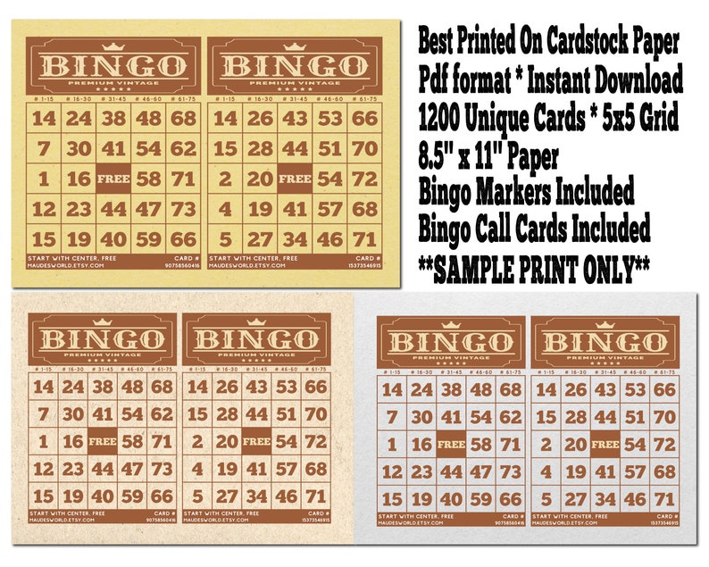 1200 Bingo Cards Cappuccino Brown Color Vintage Theme PDF Instant ...
