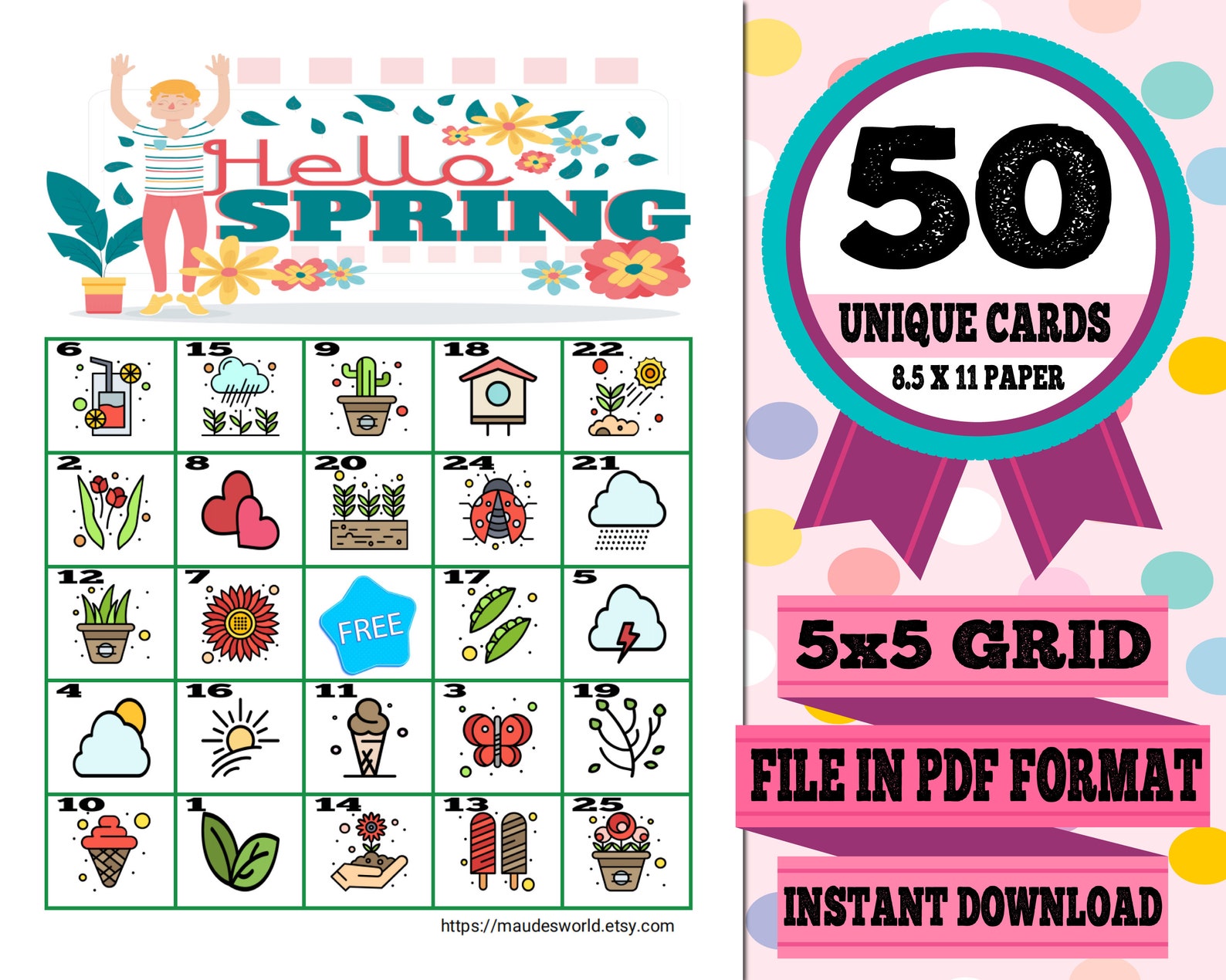 Hello Spring, Springtime Printable Bingo Cards (50 Different Cards ...