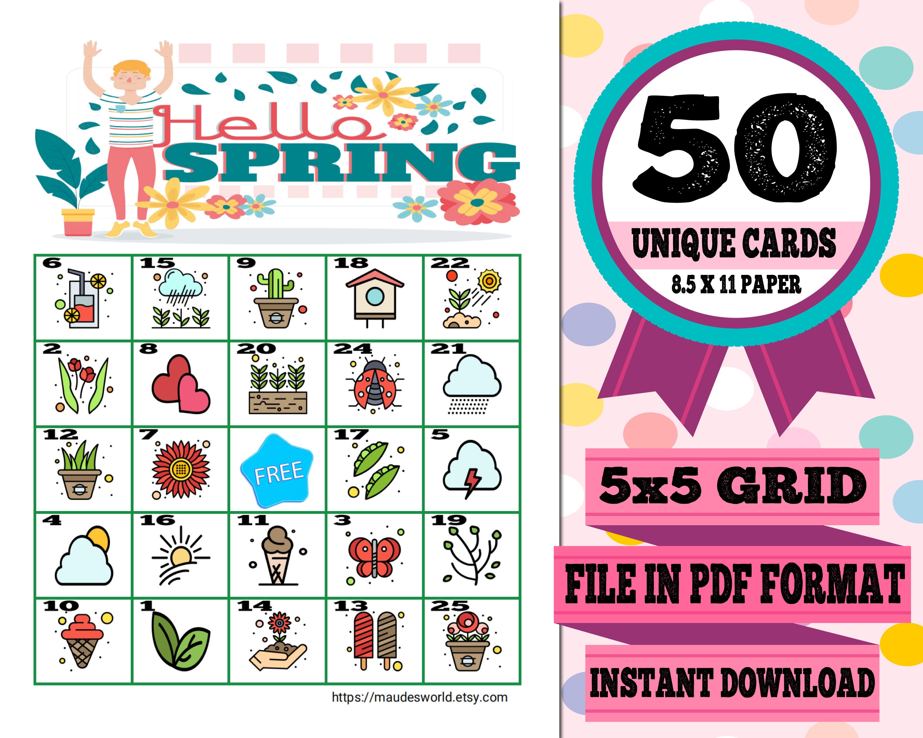 Hello Spring, Springtime Printable Bingo Cards (50 Different Cards ...