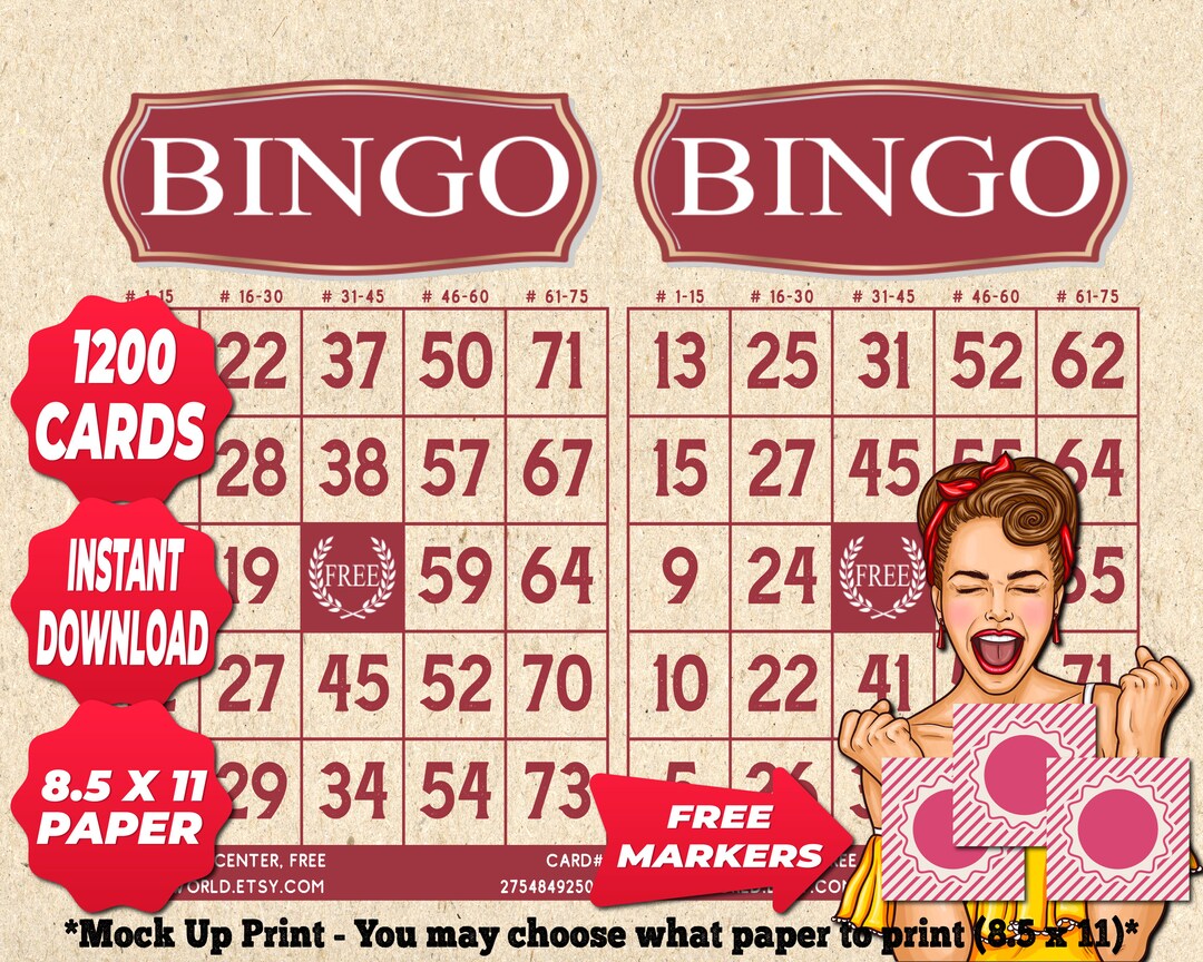 1200 Bingo Cards Red Color Vintage Theme PDF Instant Printable Fun ...