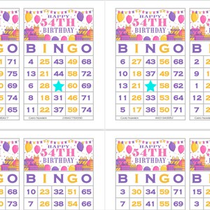 1200 Printable Bingo Cards, 2 per Page, Large, 54th Birthday Special ...