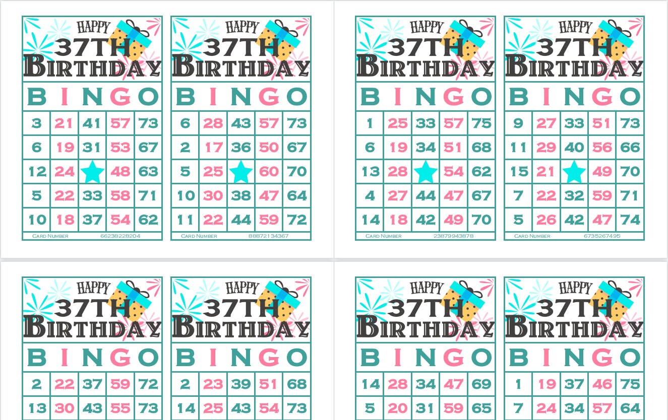 1200 Printable Bingo Cards, 2 per Page, Large, 37th Birthday Special ...