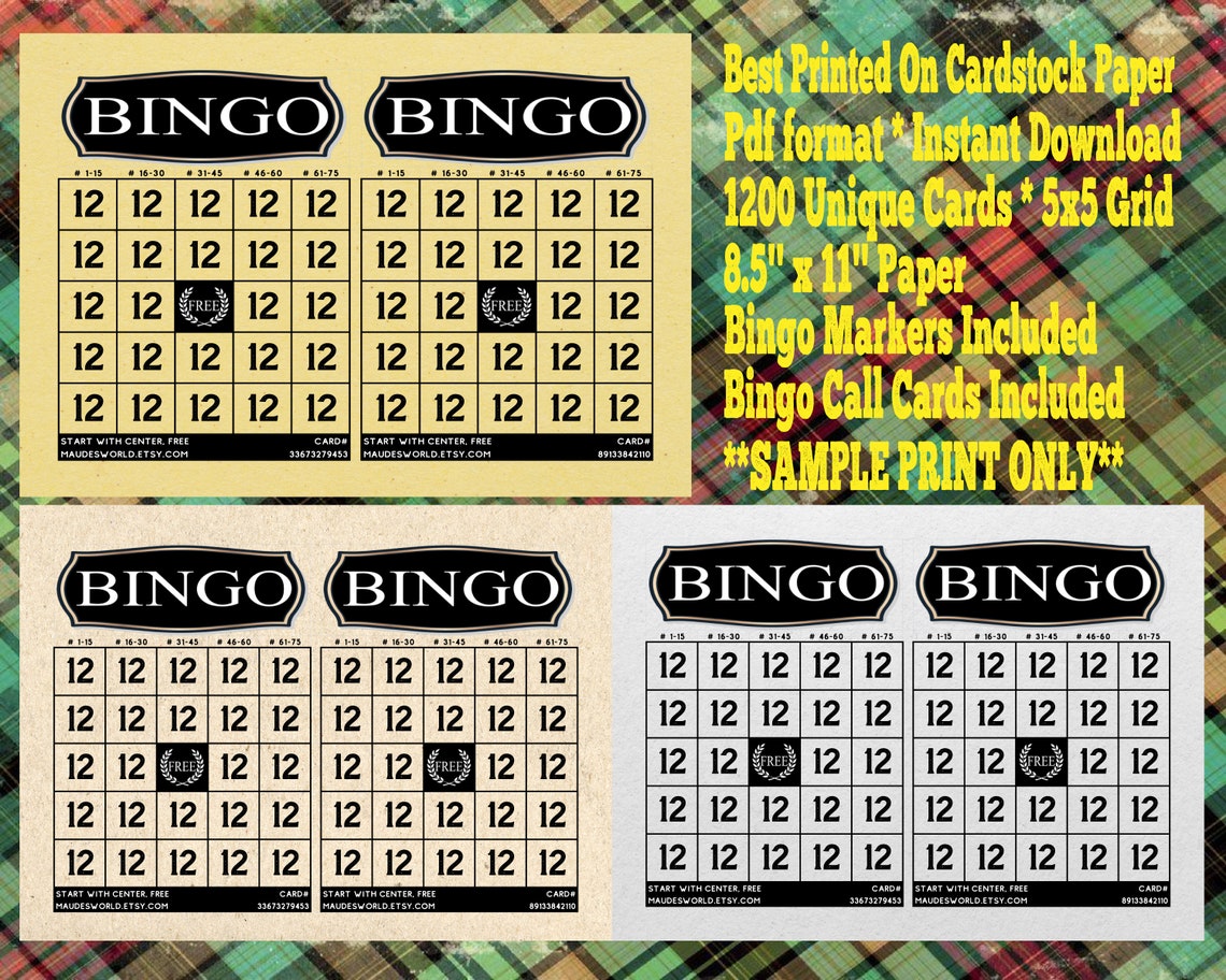 1200 Bingo Cards Black Color Vintage Theme PDF Instant Printable Fun ...