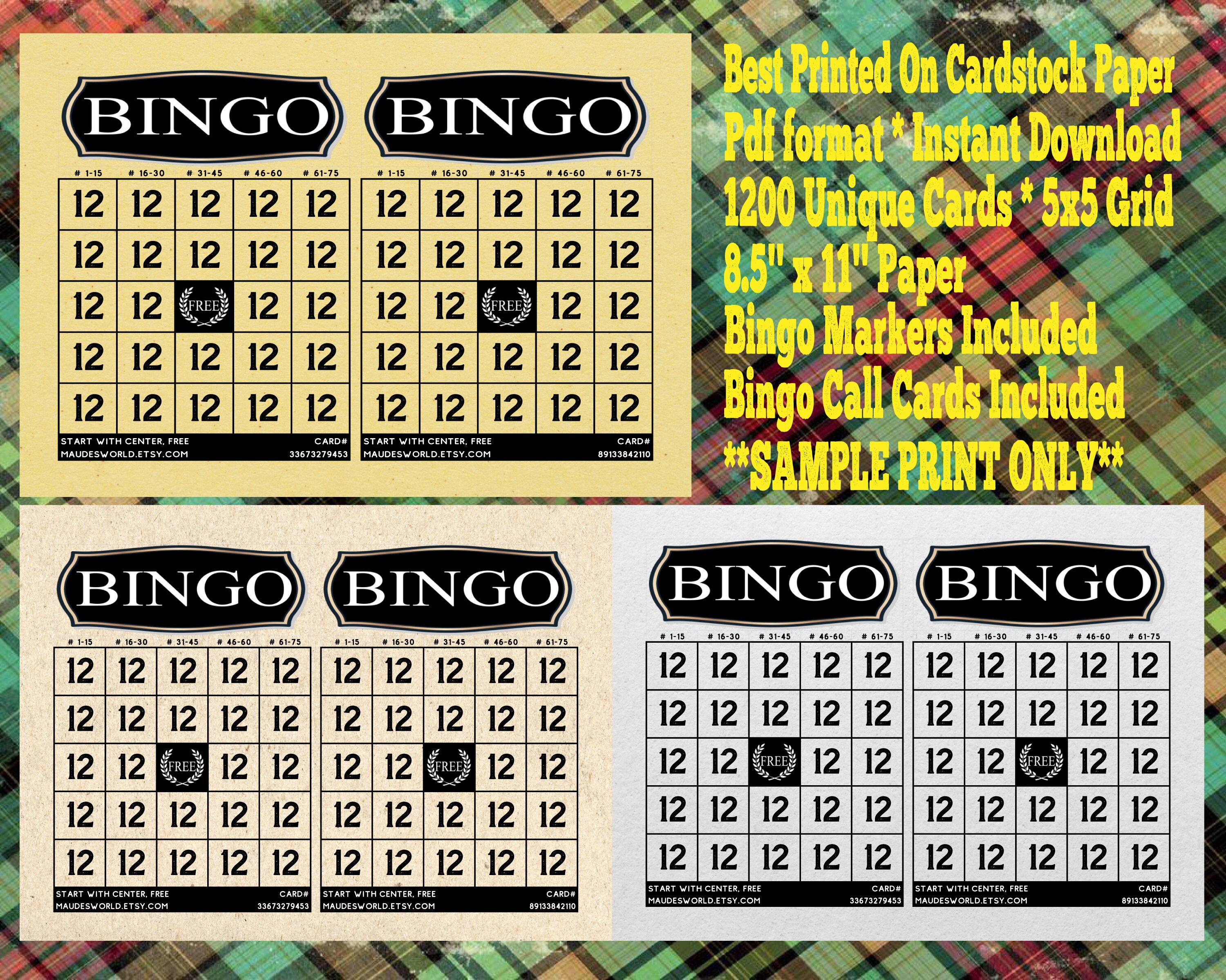1200 Bingo Cards Black Color Vintage Theme PDF Instant Printable Fun ...