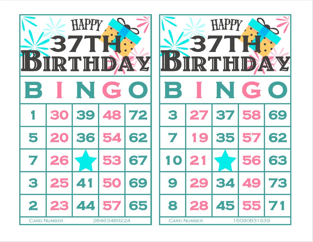 1200 Printable Bingo Cards, 2 per Page, Large, 37th Birthday Special ...