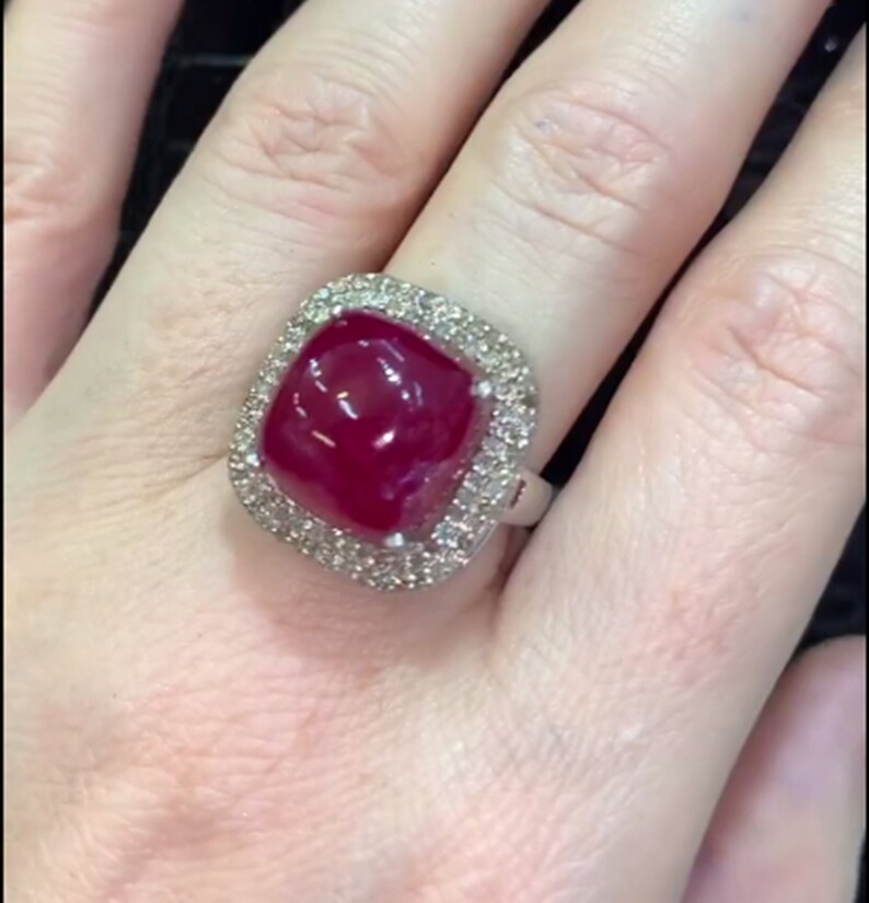 Curved Ruby Gemstone Ring With Pave Diamonds, 925 Sterling Silver ...