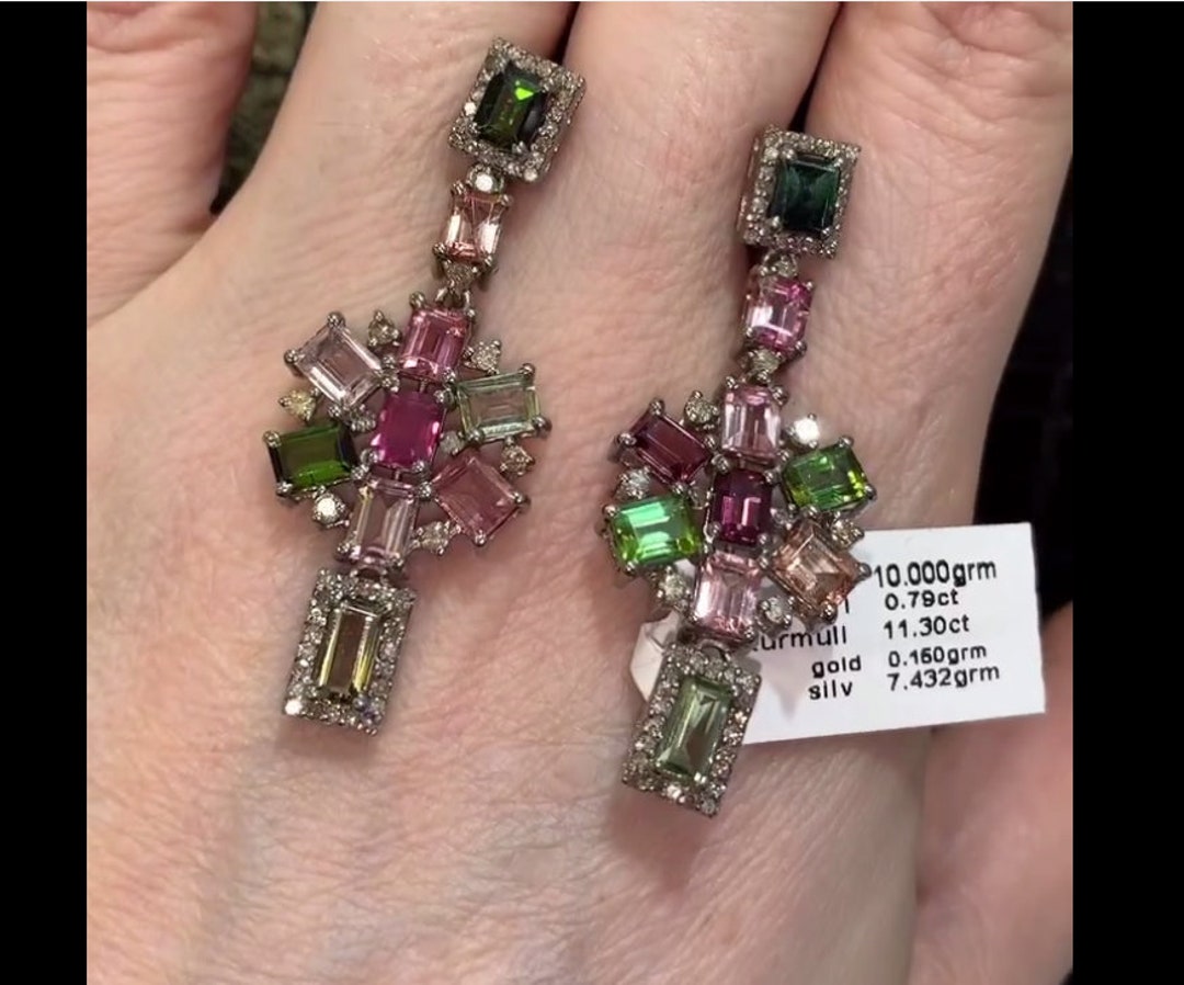 Multi Tourmaline Earring, Sterling Silver Jewelry, Diamond Earring ...
