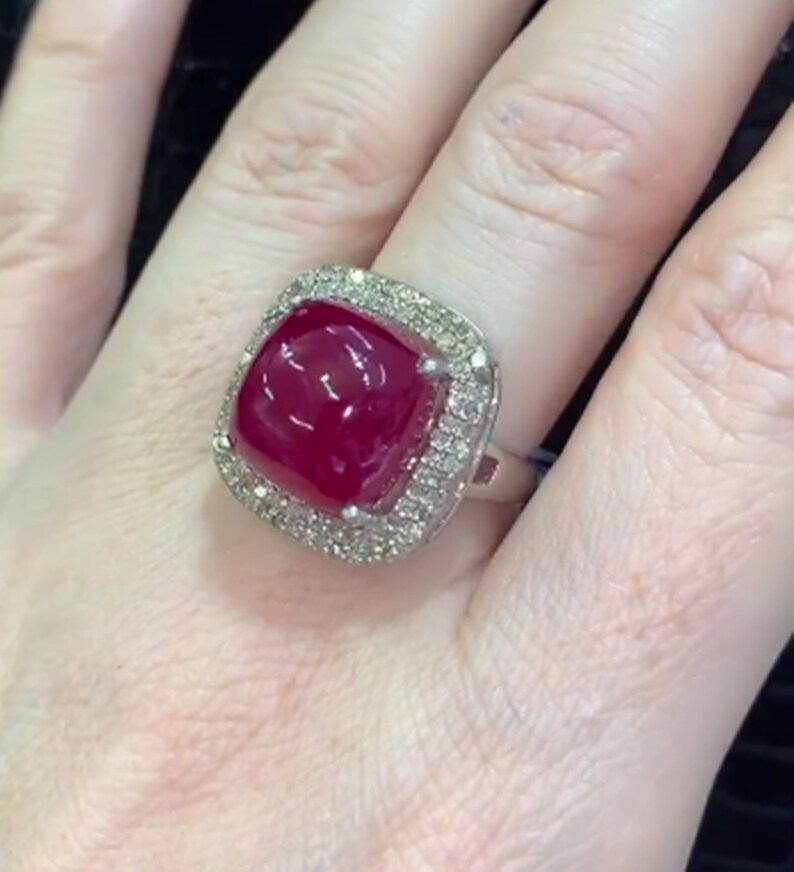 Curved Ruby Gemstone Ring With Pave Diamonds, 925 Sterling Silver ...