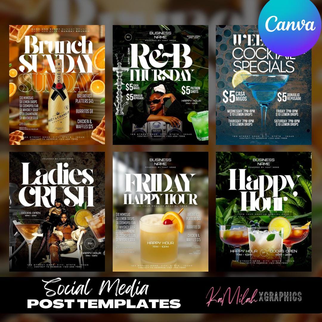 Happy Hour Flyer Templates, Bar & Grill, Cocktail, Ladies Night (canva ...