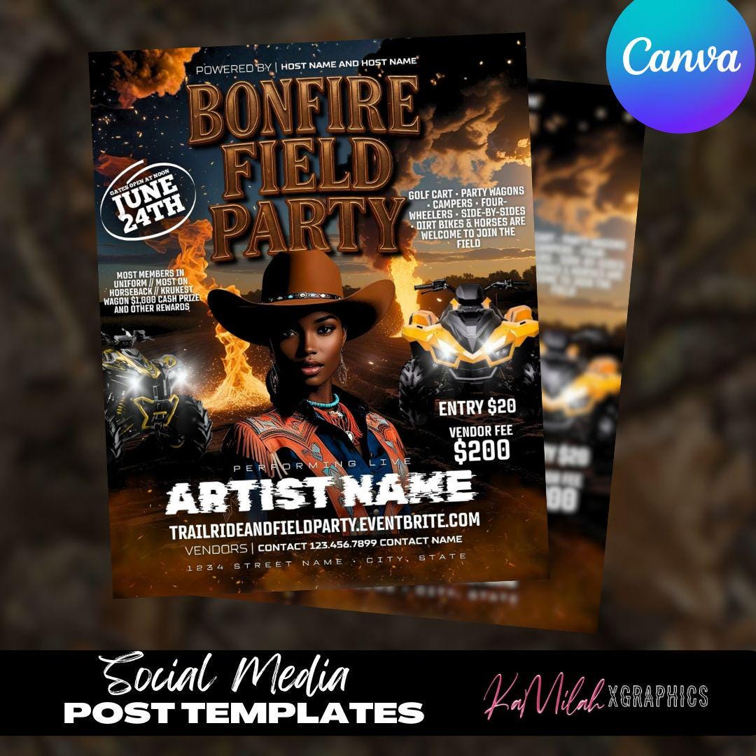 Western Bonfire Party Flyer, Camo Rodeo Theme (1 TEMPLATE) - Etsy